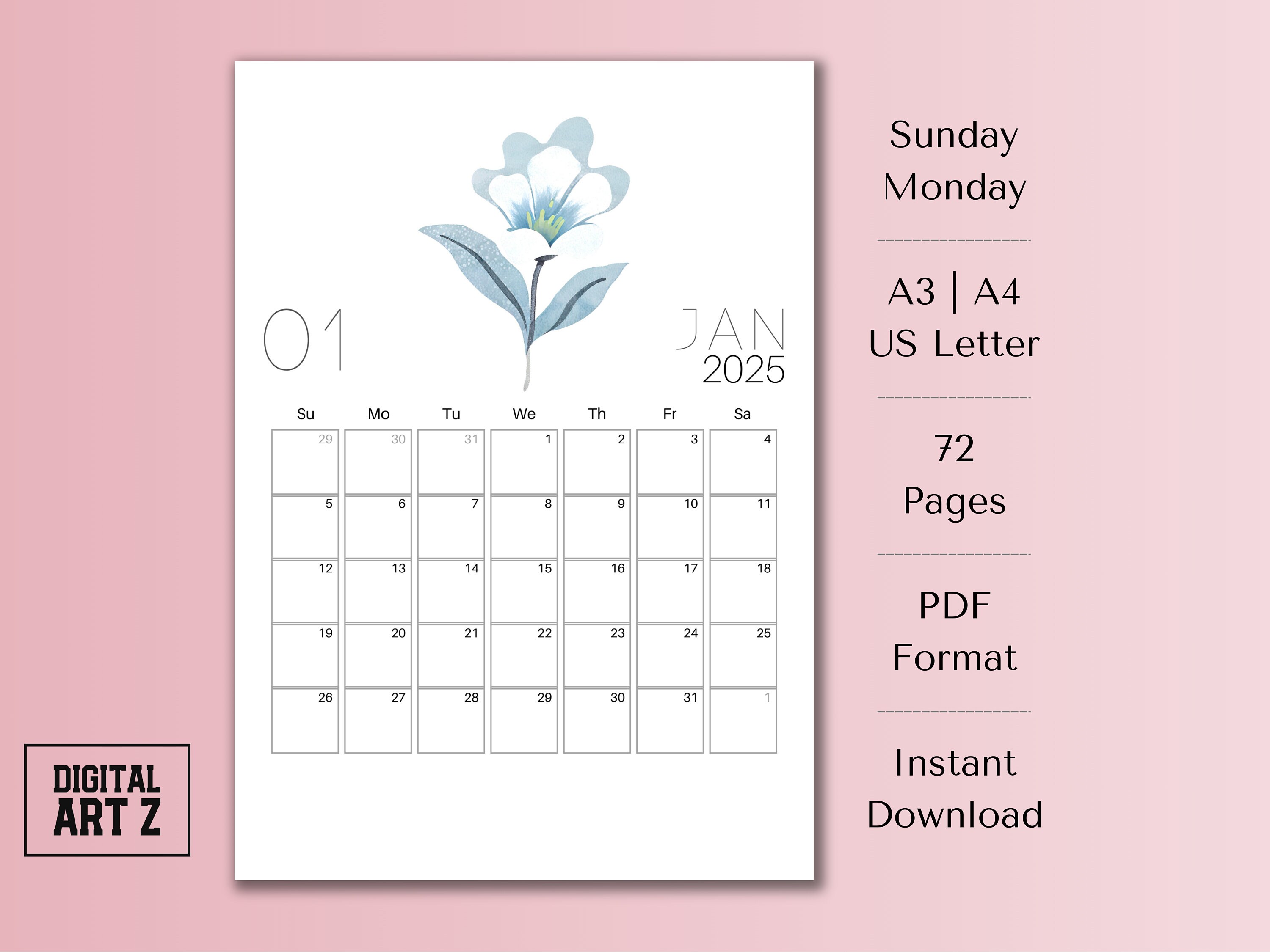 2025 Watercolor Flowers Calendar A4, A3, US Letter Sunday & Monday ...