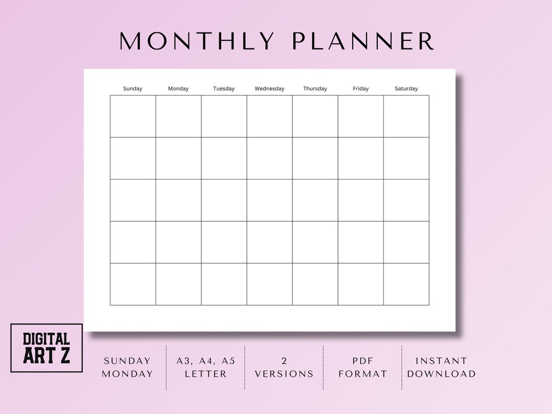 Simple Monthly Planner Printable, Undated, Blank Calendar, Month at a ...