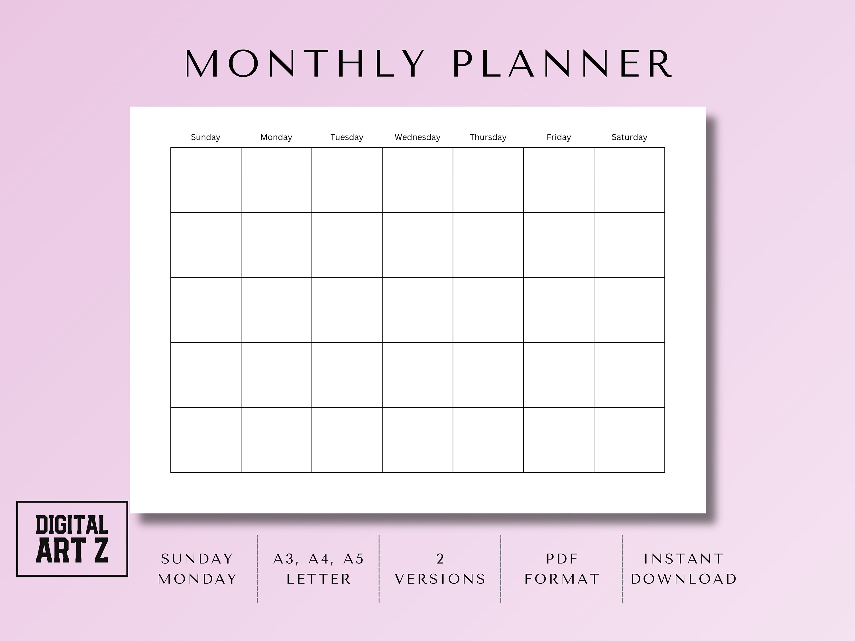 Simple Monthly Planner Printable, Undated, Blank Calendar, Month at a ...