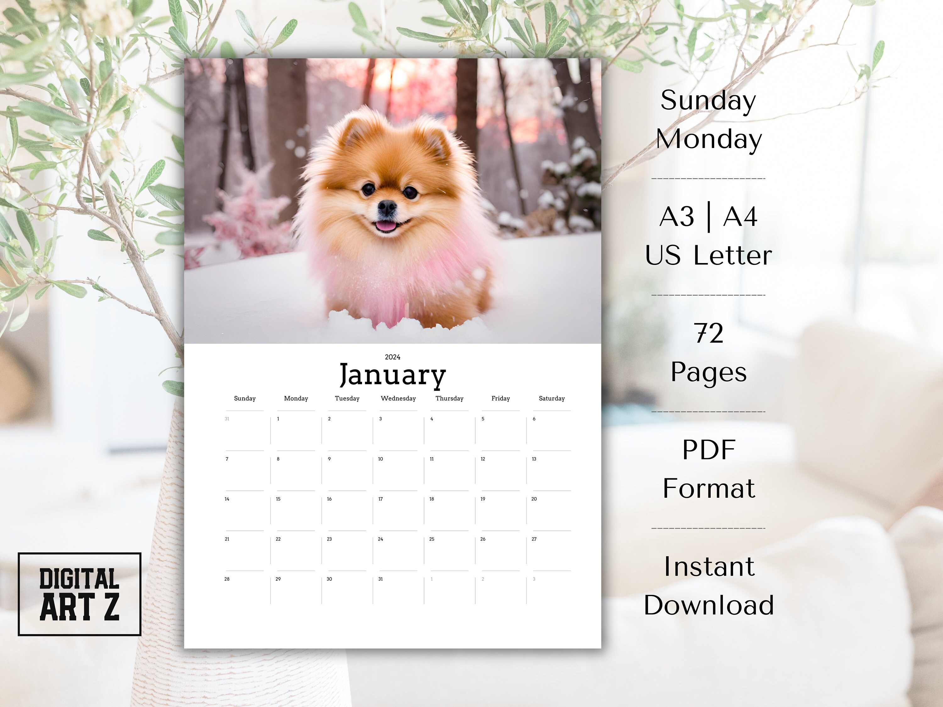 2024 Puppy Calendar Printable Monthly A3, A4, Letter 8.5 X 11 Sunday ...