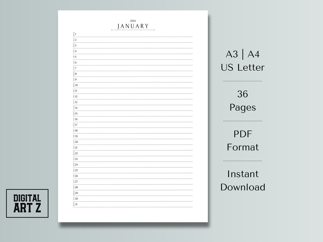 Minimalist Calendar With Rows 2024 Monthly Planner A4, A3, Letter PDF ...