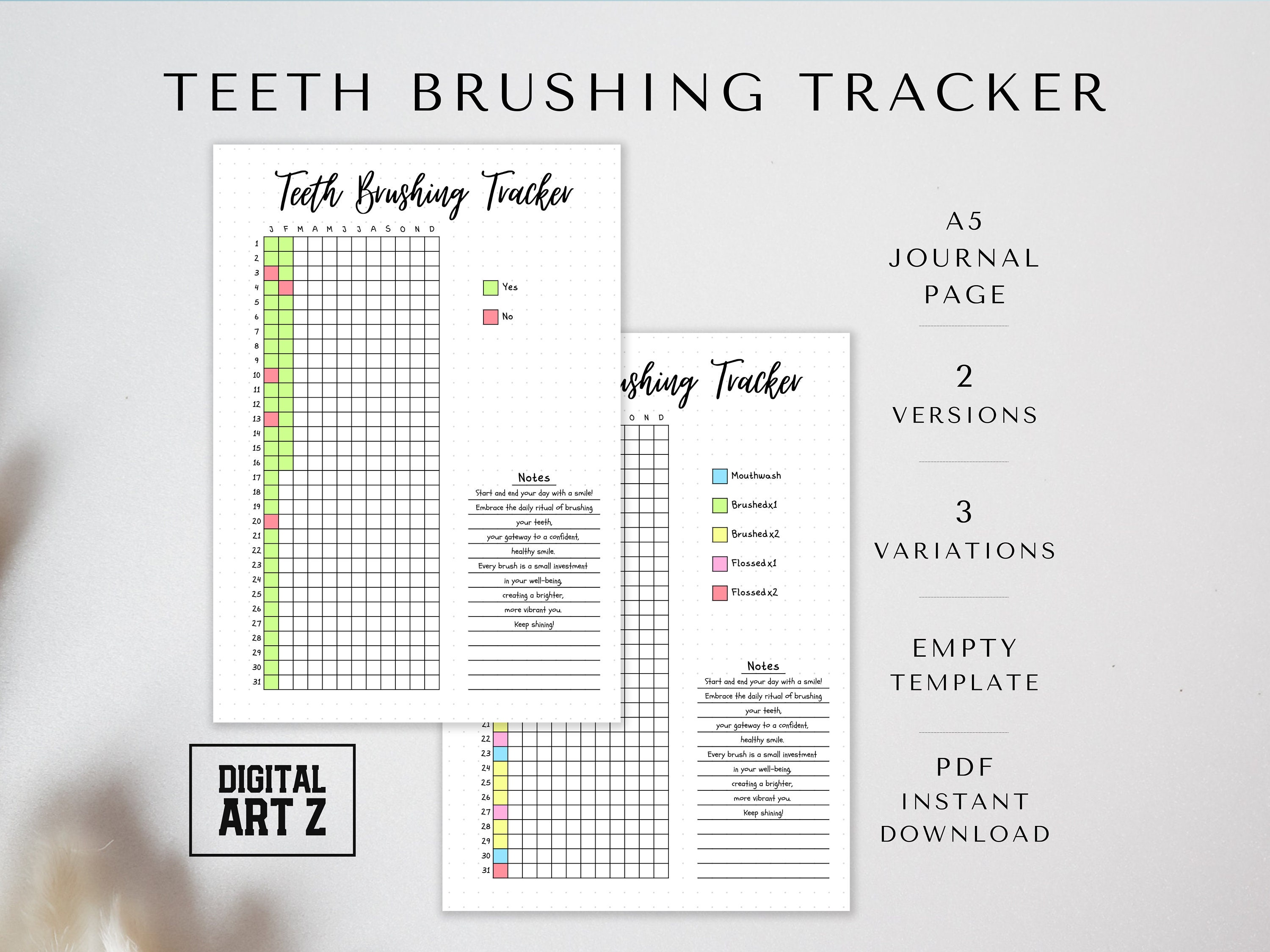 Teeth Brushing Tracker Yearly, A5 Printable Bullet Journal Sheet, Tooth ...