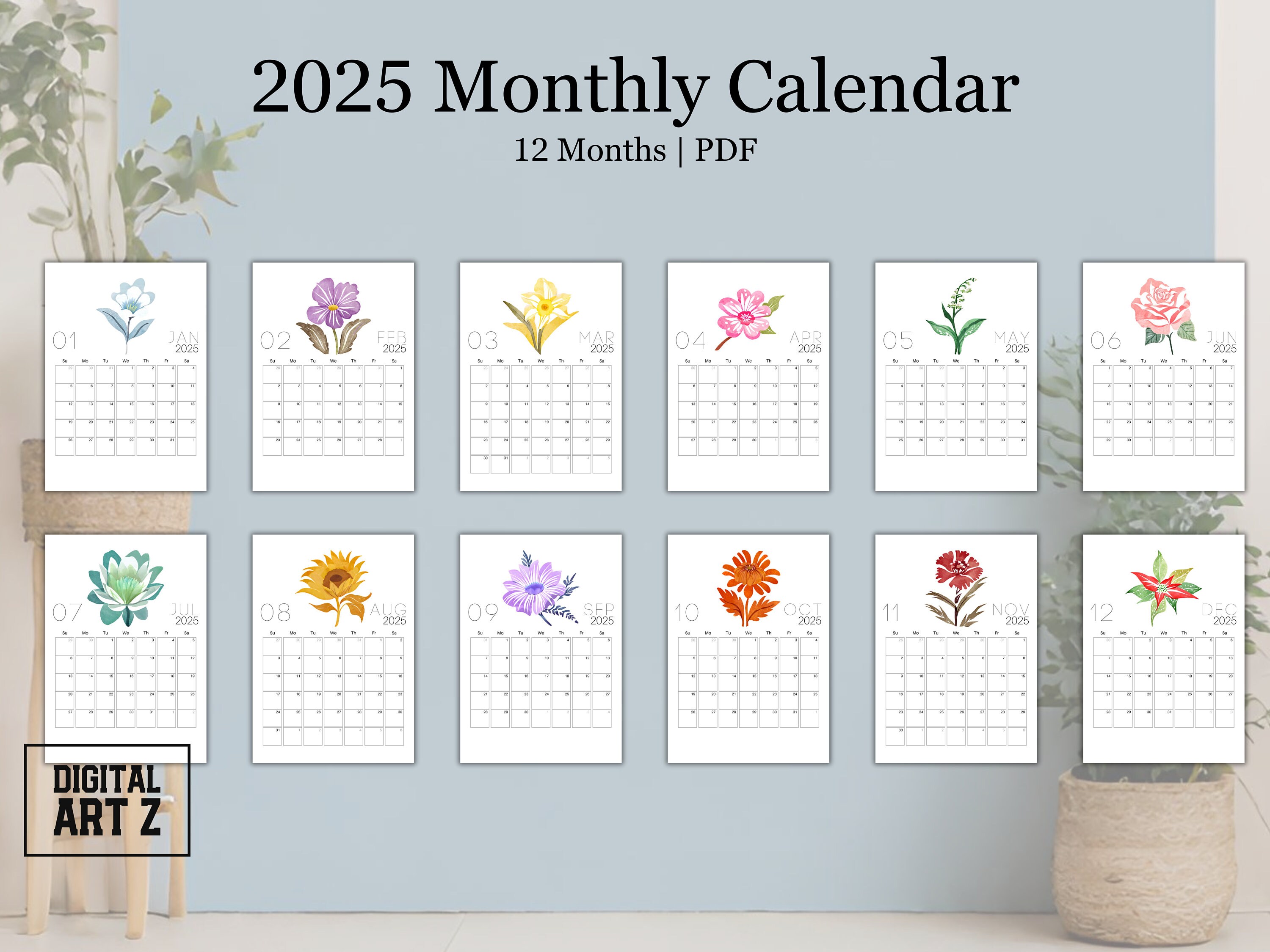 2025 Watercolor Flowers Calendar | A4, A3, US Letter | Sunday & Monday ...