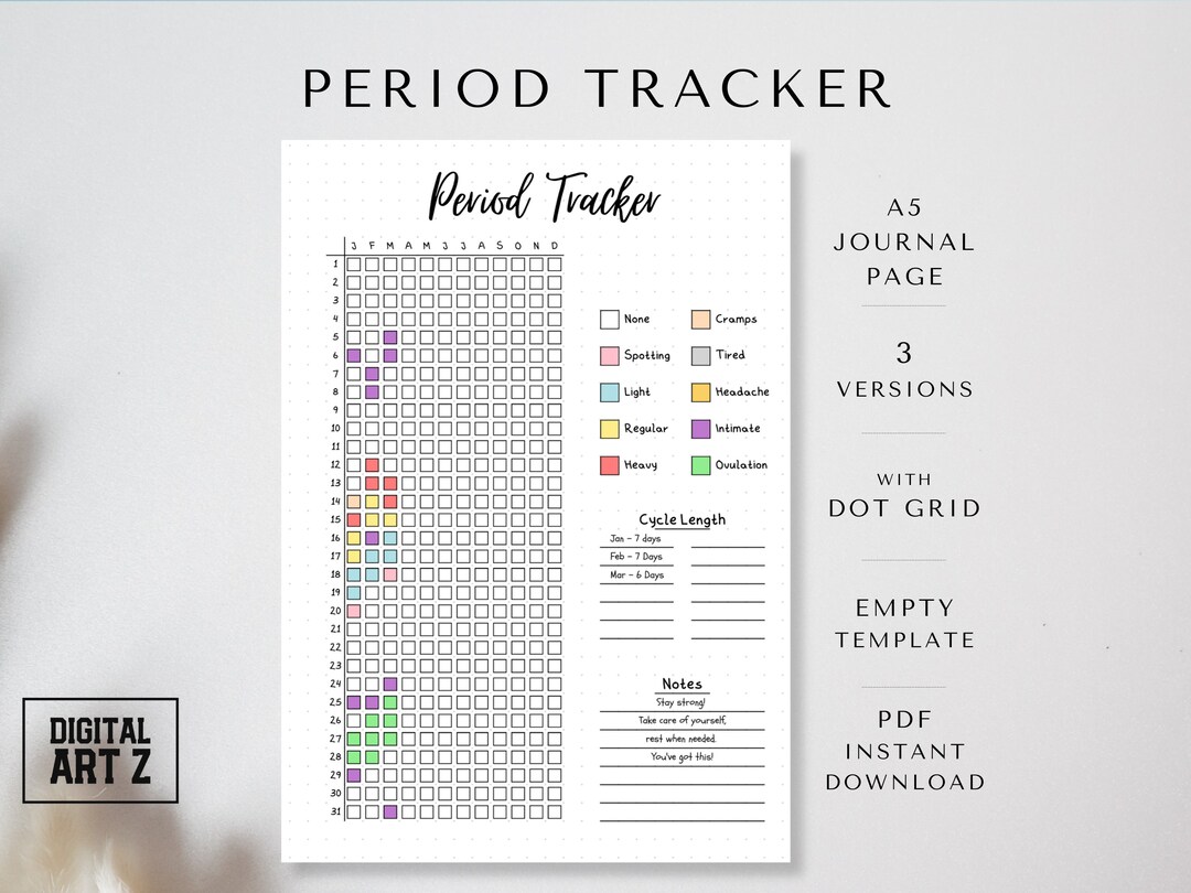 Period Tracker Yearly, A5 Printable Page, Bullet Journal Sheet ...