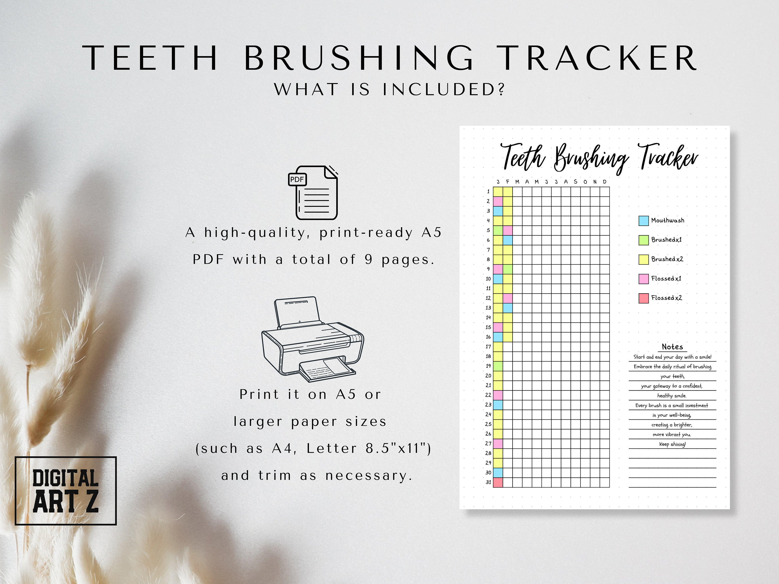 Teeth Brushing Tracker Yearly, A5 Printable Bullet Journal Sheet, Tooth ...