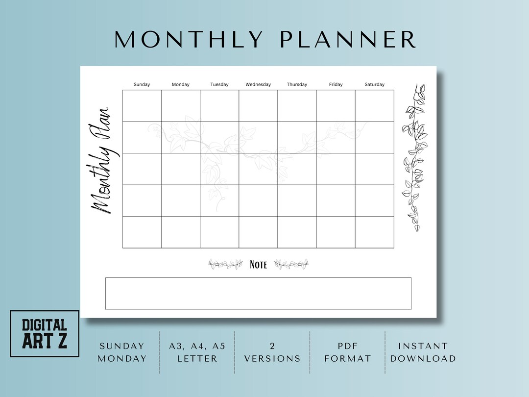 Undated Monthly Planner Printable, Blank Calendar, Sunday Start, Month ...