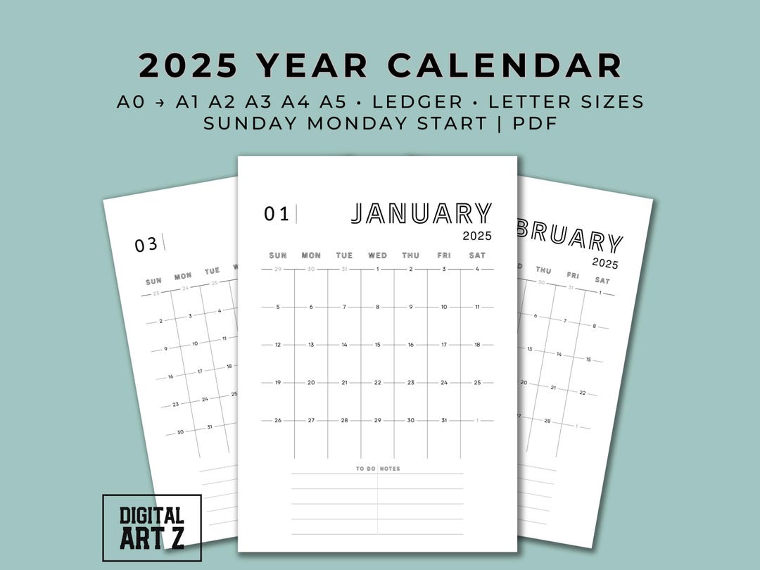 2025 Monthly Calendar, A0, A1, A2, A3, A4, A5, Letter 8.5" X 11 ...
