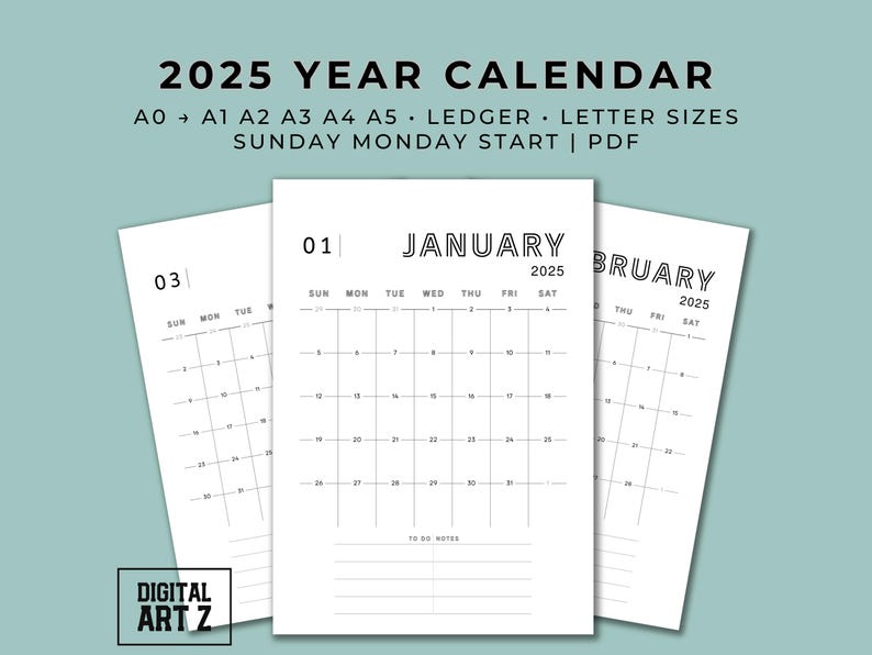 2025 Monthly Calendar, A0, A1, A2, A3, A4, A5, Letter 8.5" X 11 ...