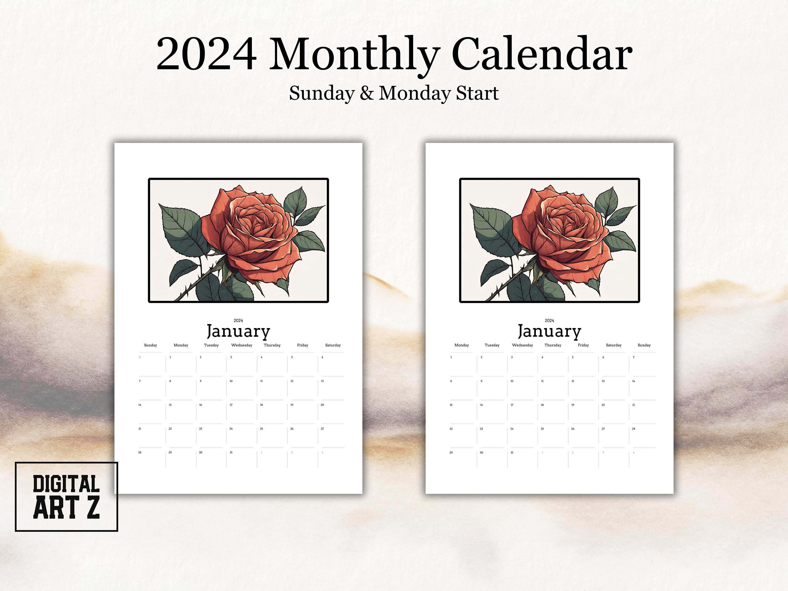 2024 Printable Flower Monthly Calendar Desk, Wall Calendar Download ...