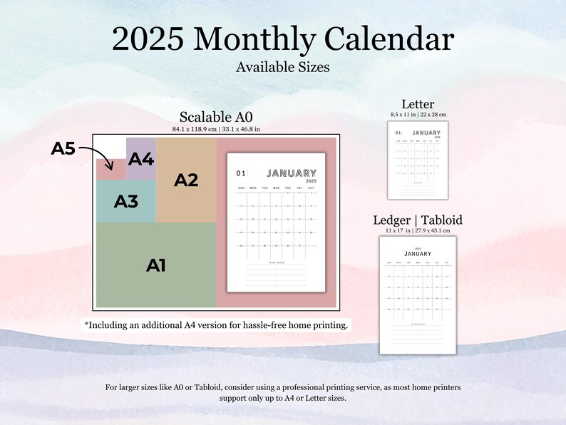 2025 Monthly Calendar, A0, A1, A2, A3, A4, A5, Letter 8.5" X 11 ...