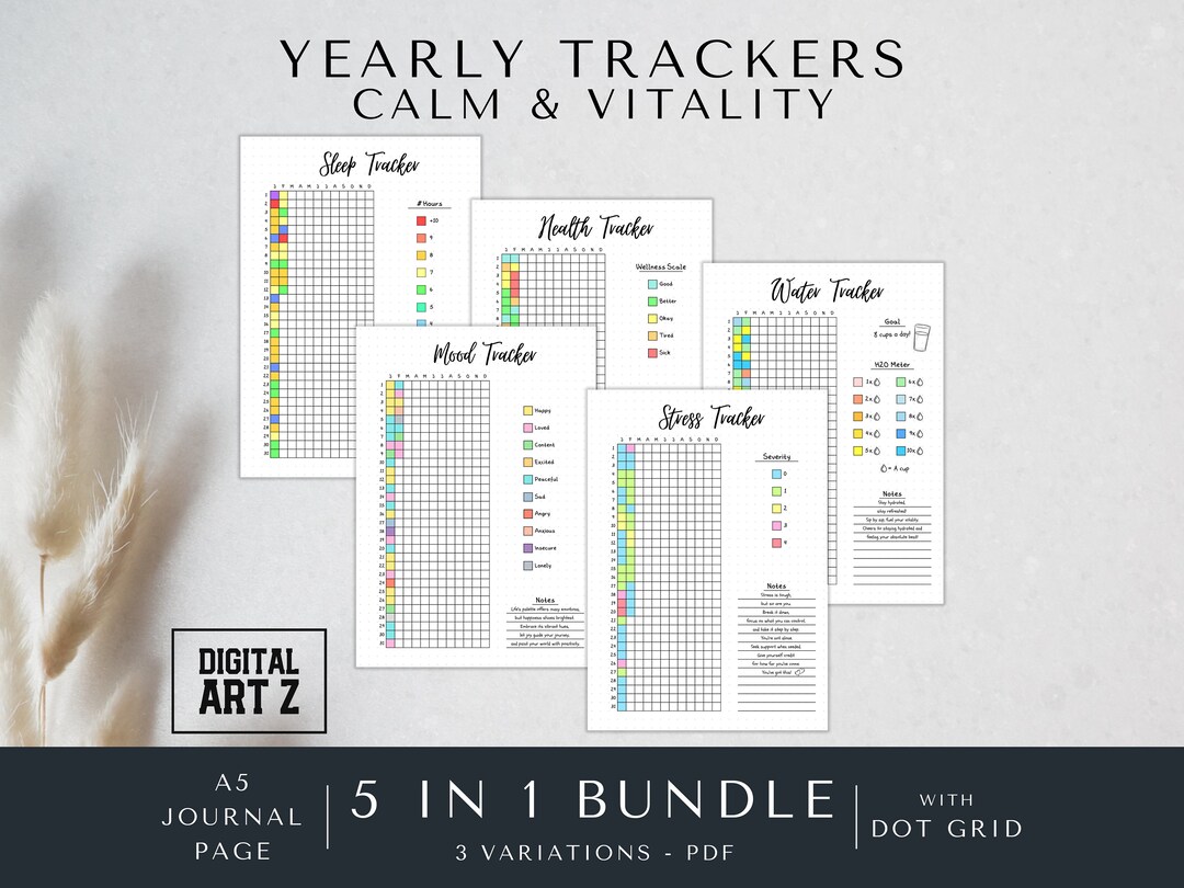 Yearly Journal Pages A5 Bundle Printable, Rate My Day, Sleep Cycle ...