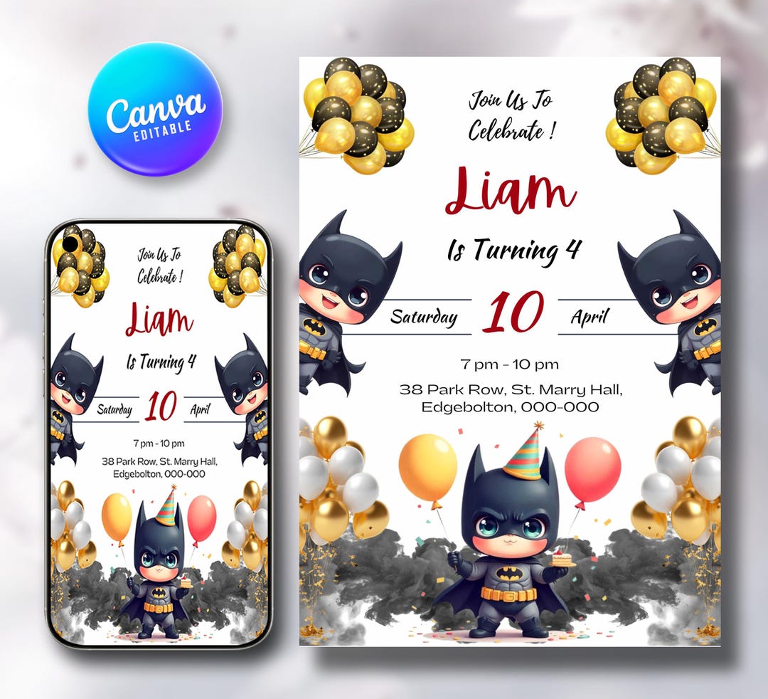 Canva Editable Batman Party Superheroes Birthday Invitation Template ...