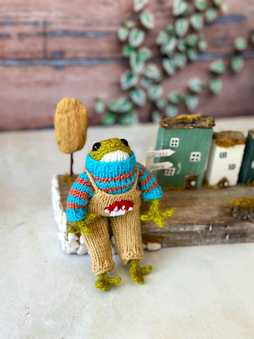 Handmade Knitted Frog in Blue Stripes Jumpsuit: Organic Cotton Toy ...