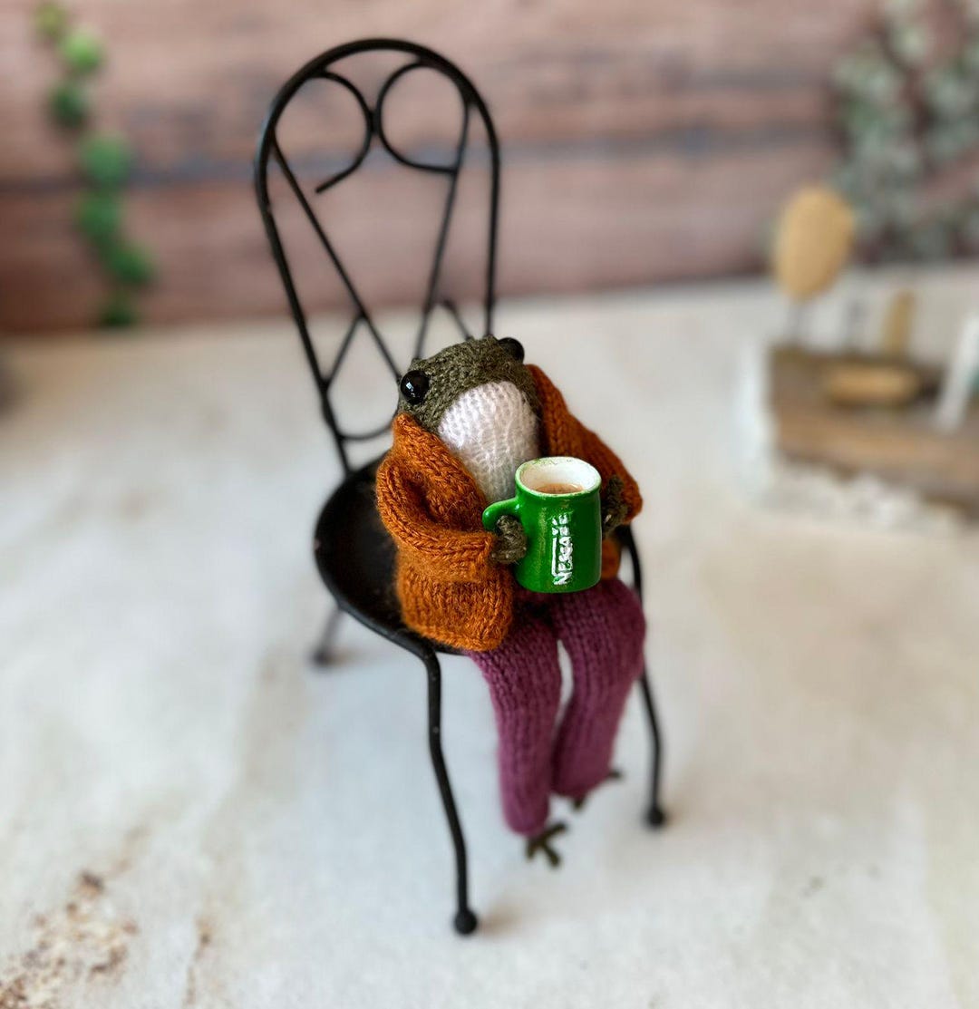 Frog in Cardigan Sitting on Chair , Finished Toy, Little Frog Crochet ...