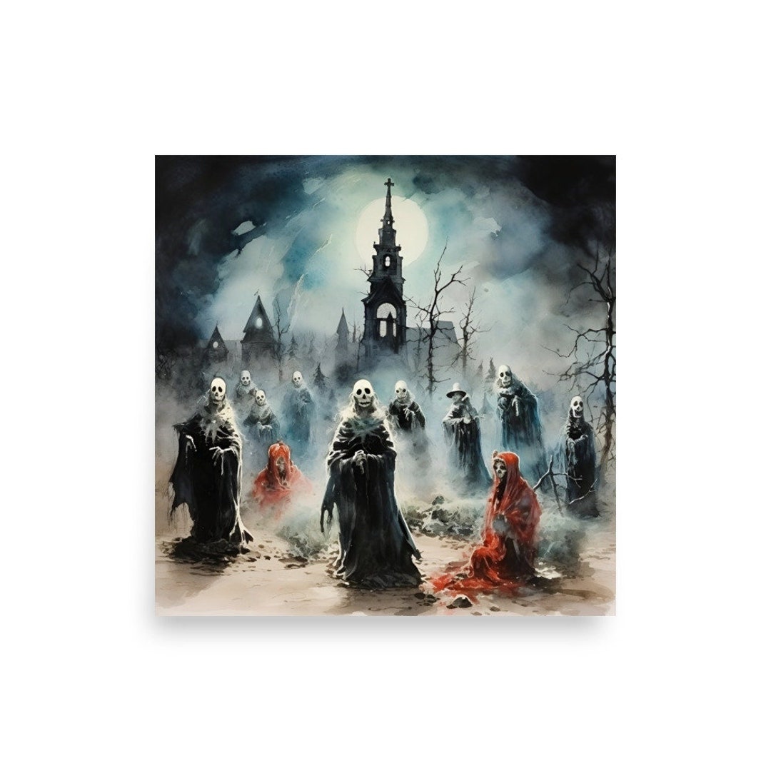 Skeletons in Graveyard Creepy Art Print Poster - Etsy