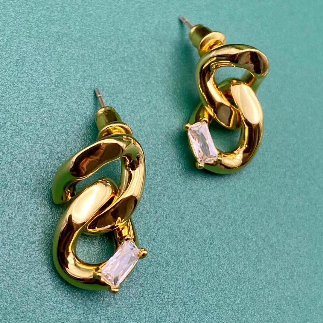 Handmade 18k Gold Plated Chain Link Earrings: Cubic Zirconia Dangle ...