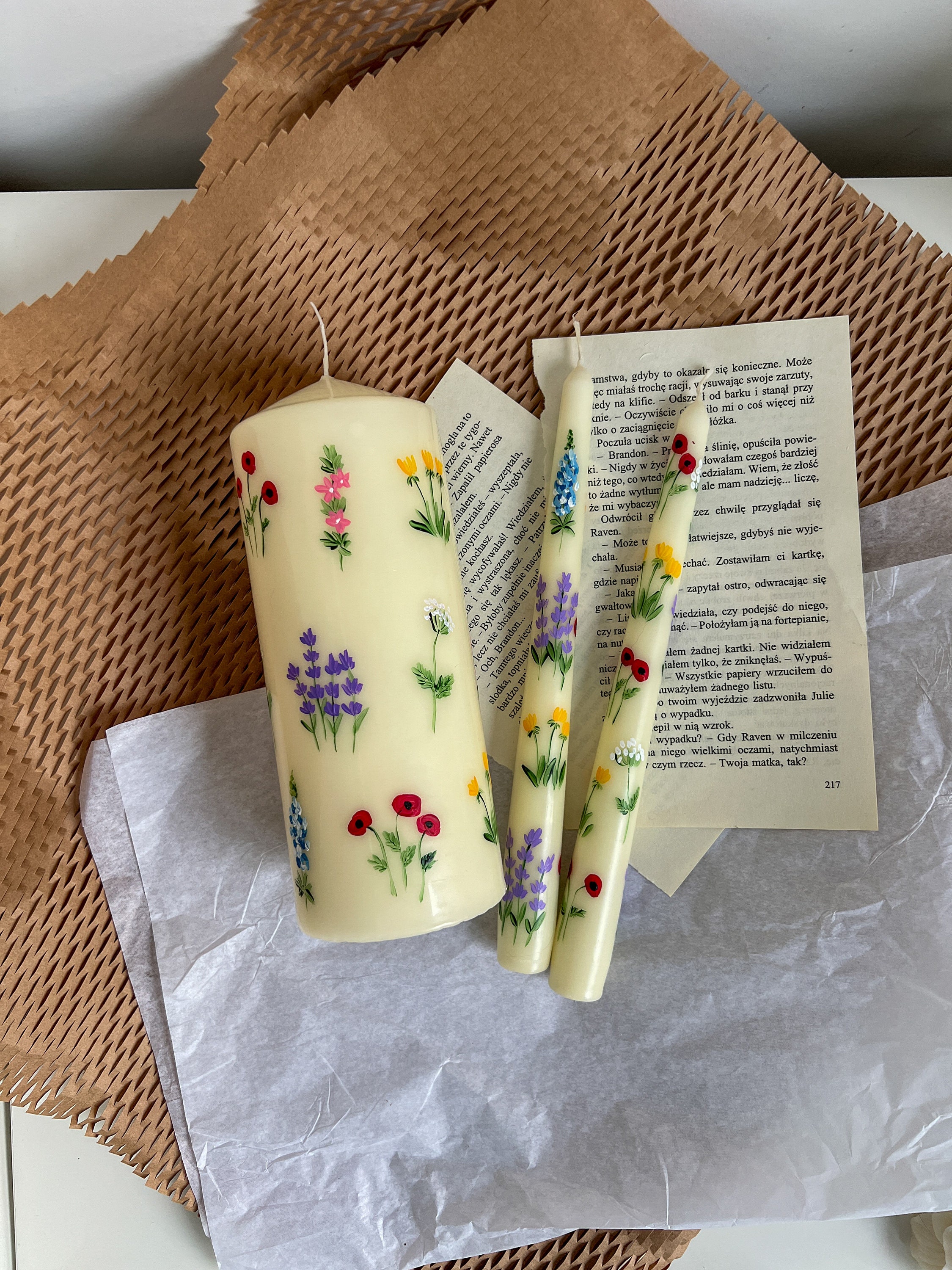 Set of 3 Painted Candle, Floral Painted Pillar Candle , Floral Candle ...