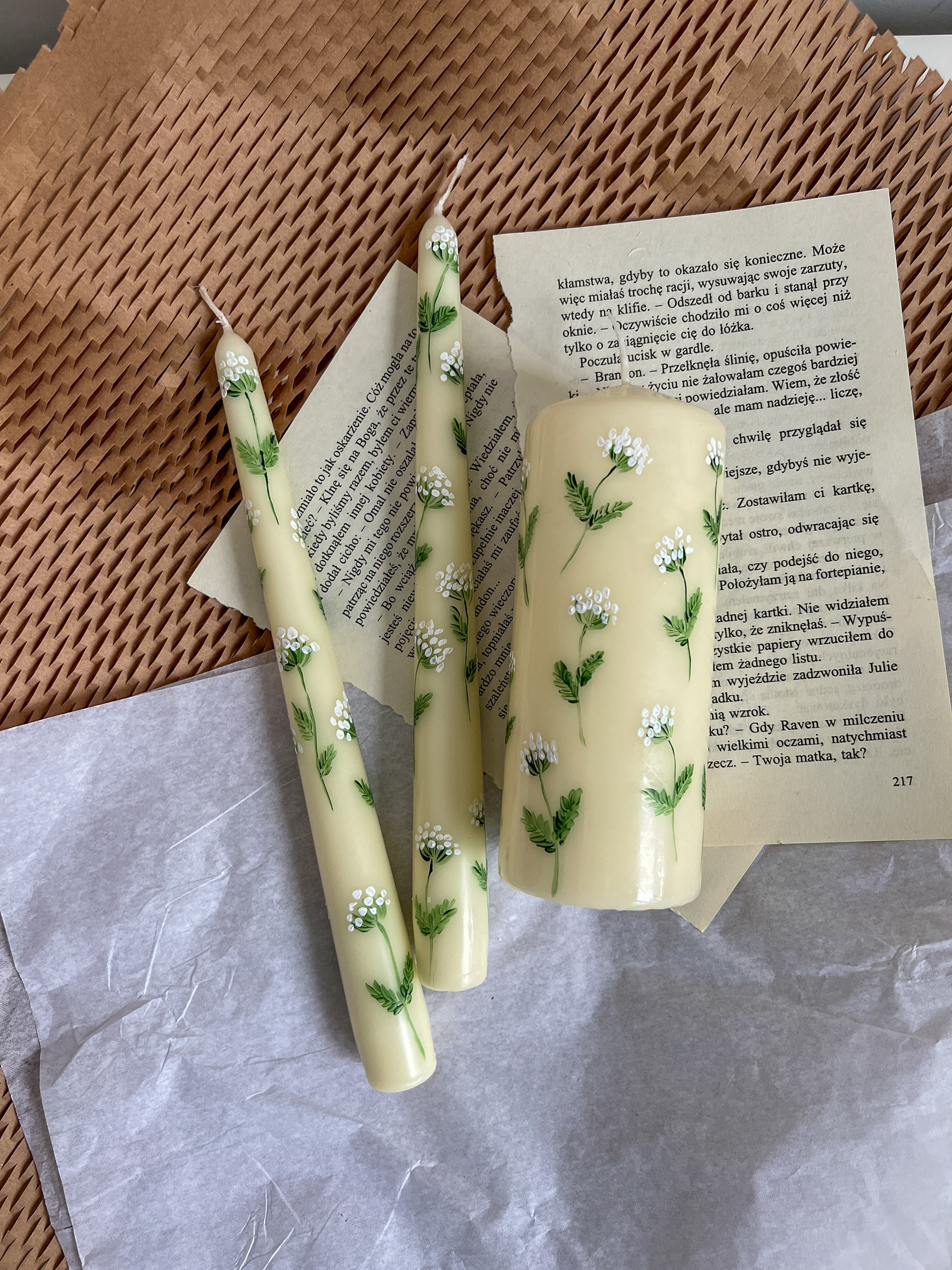 Set of 3 Painted Candle, Floral Painted Pillar Candle , Floral Candle ...