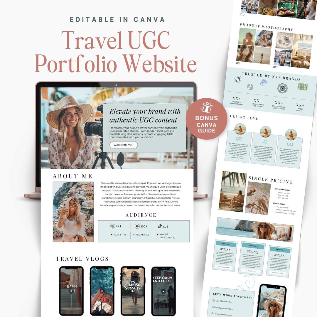 Travel UGC Canva Portfolio Website Template Influencer Content Creator ...