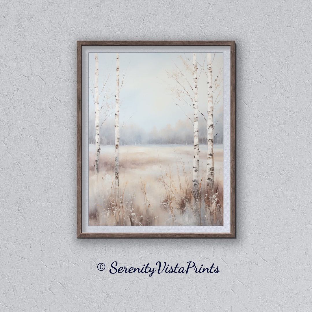 Birch Trees in Tonal Landscape Art Print, Winter Painting Wall Art ...