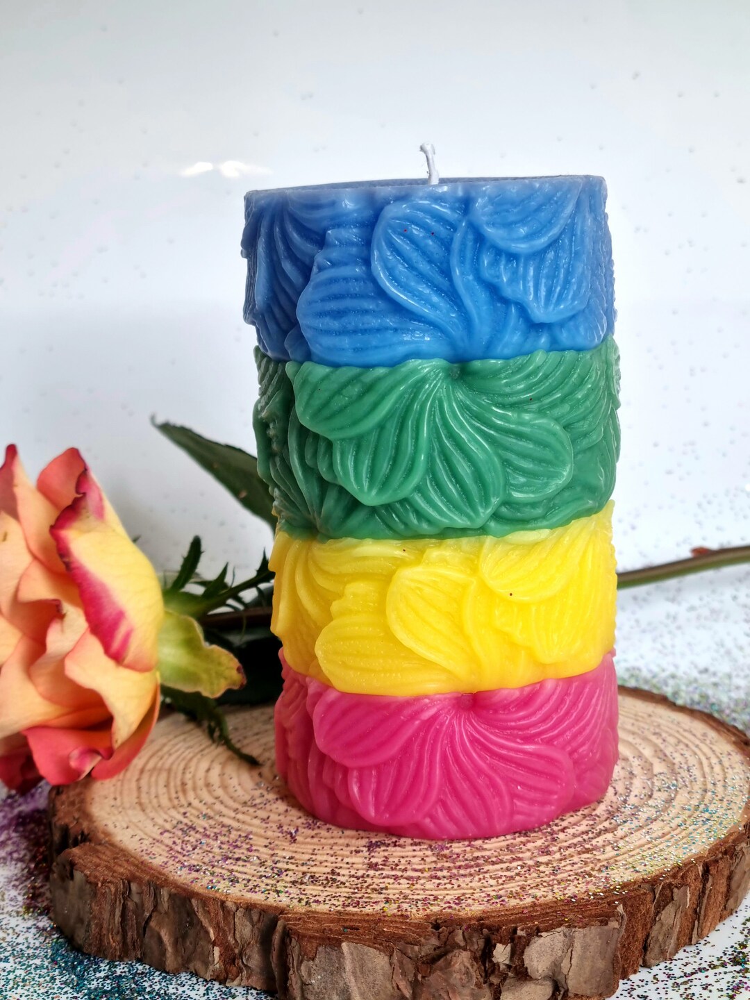 Handmade Multicoloured Striped Pillar Candle: Floral Home Decor - Etsy