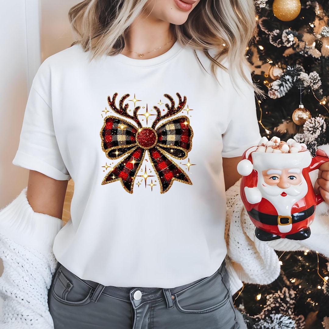 Christmas Bow and Horns Unisex Garment-dyed T-shirt, Holiday Xmas Tee ...