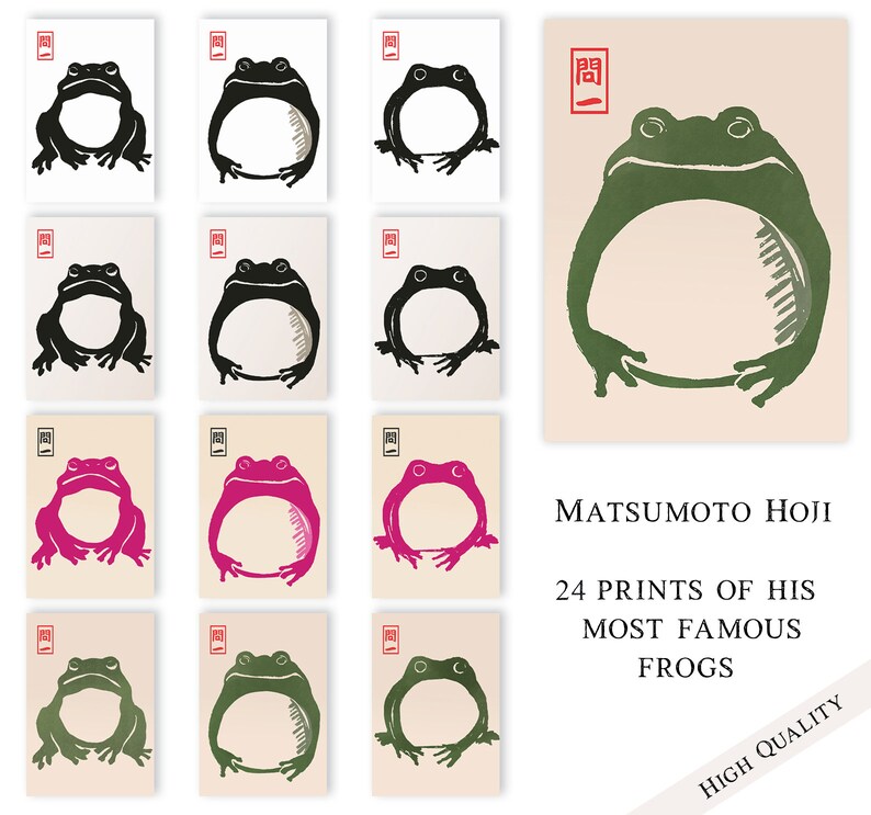 Japanese Matsumoto Hoji Frog Set of 24, Vintage Frog Woodblock Poster ...