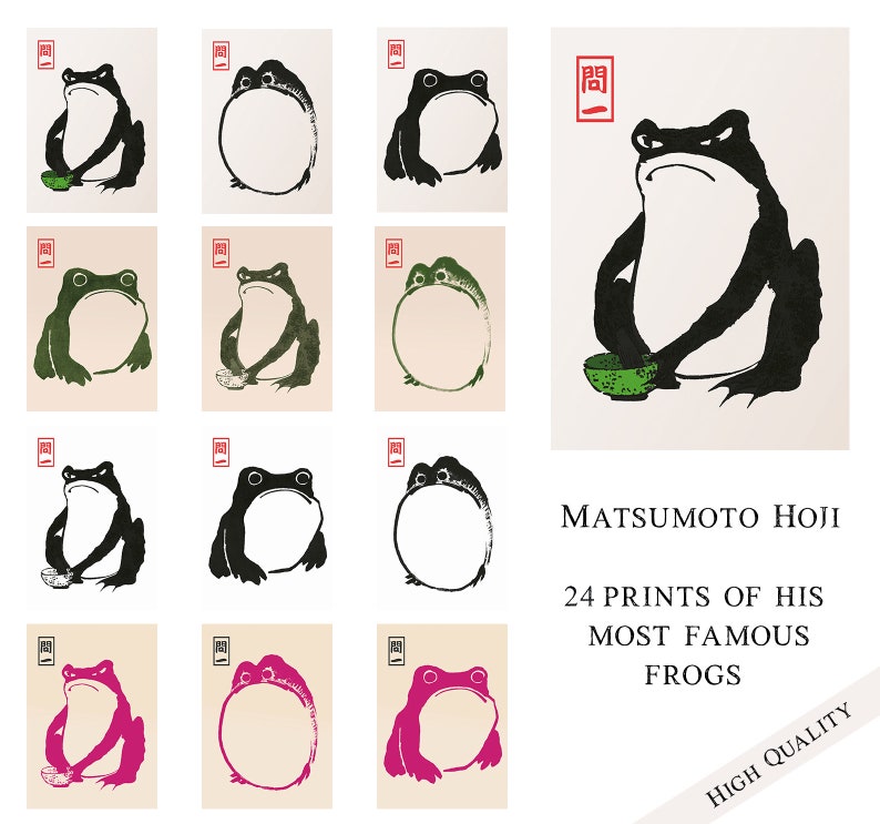 Japanese Matsumoto Hoji Frog Set of 24, Vintage Frog Woodblock Poster ...