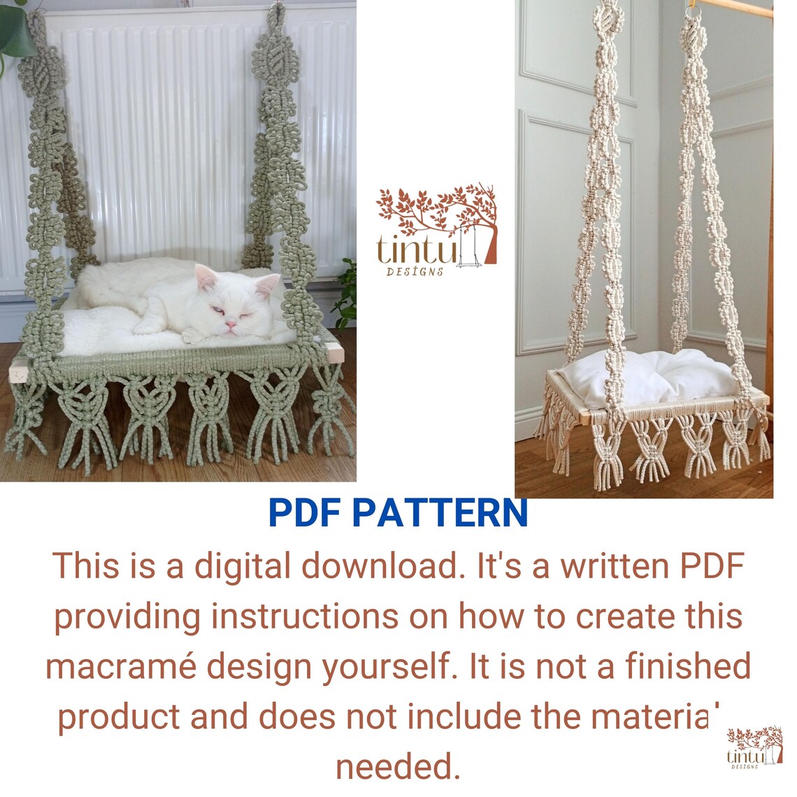DIY Macrame Cat Hammock Tutorial PDF - Boho Cat Bed Pattern & Small Pet ...
