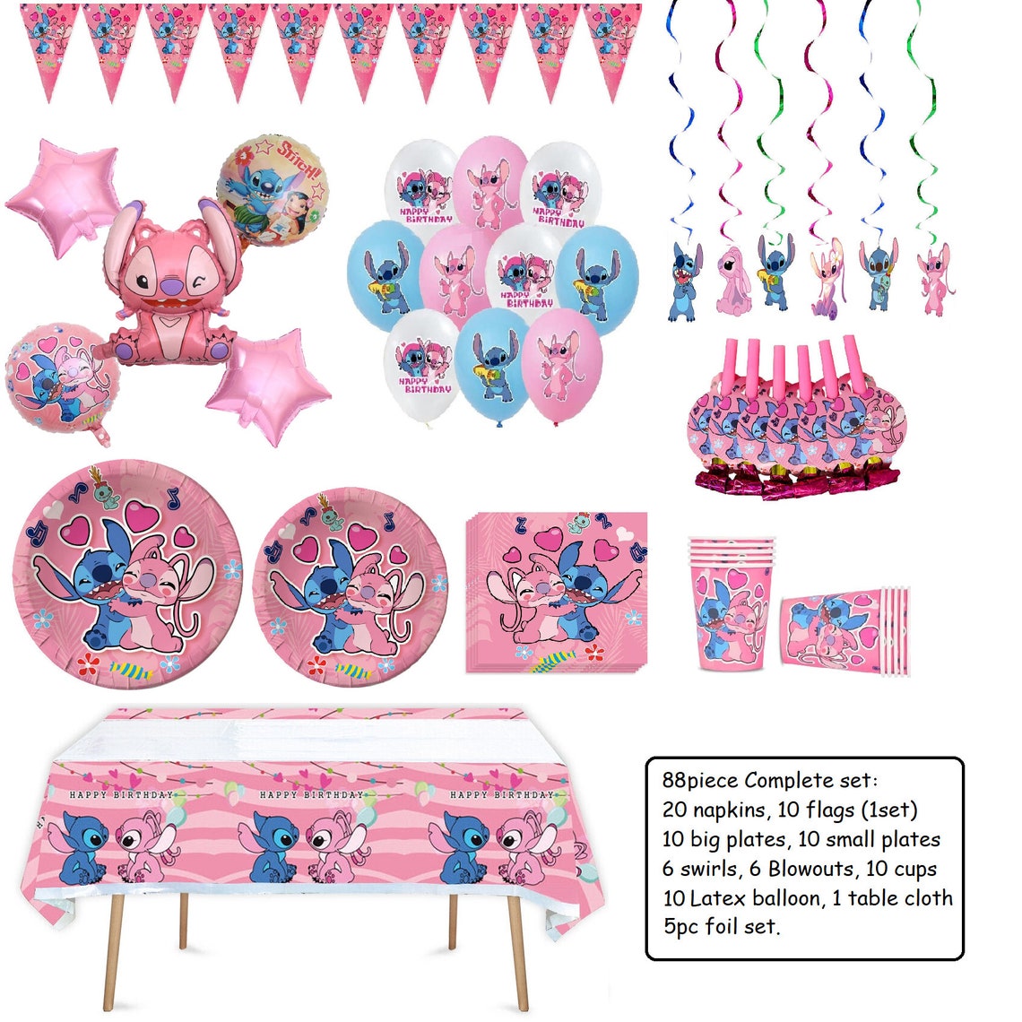 Stitch & Lilo Theme Party Tableware Sets Banner Plates, Tablecloth ...