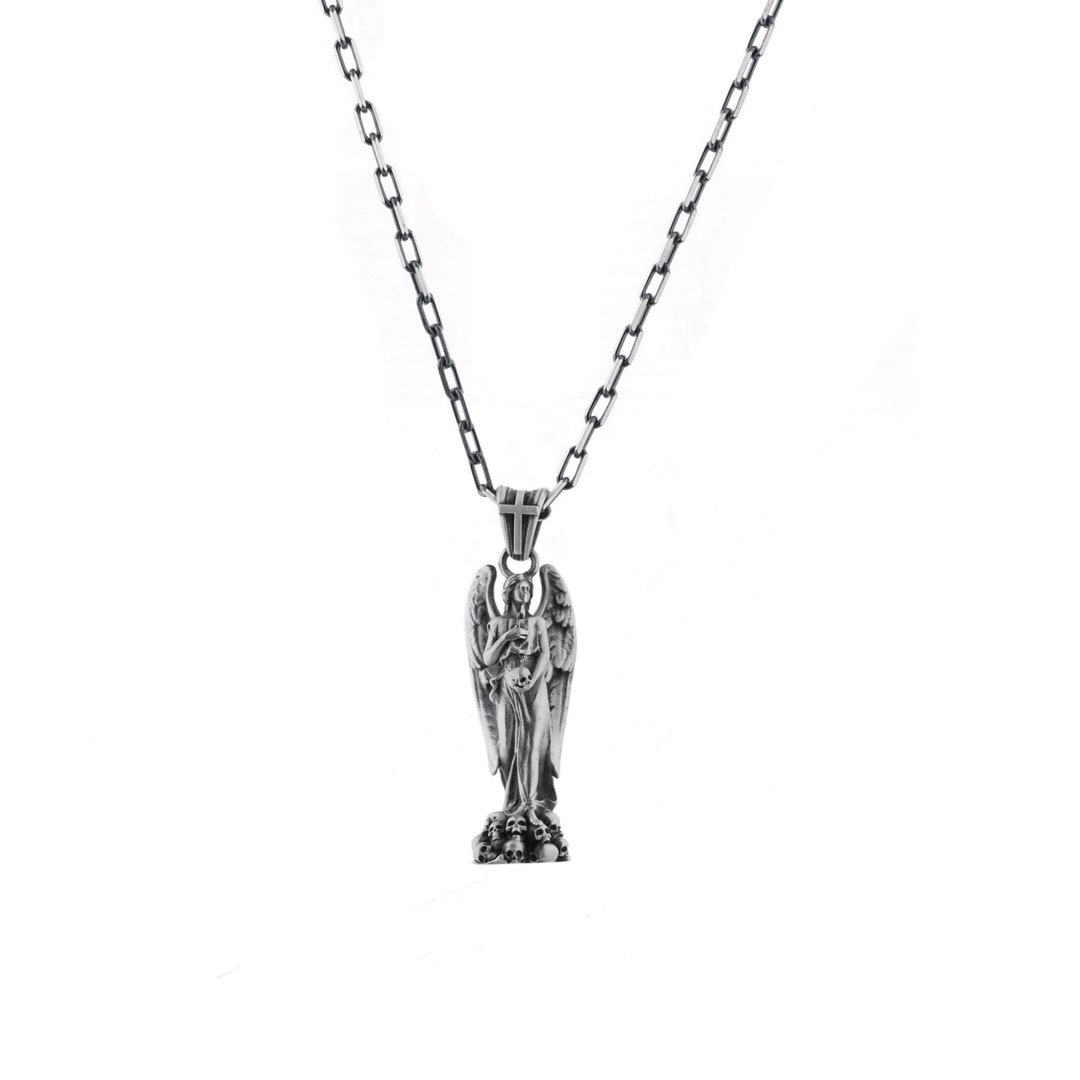 Angel of Death Necklace, Angel Pendant Holding Skull on Hand, 925 ...