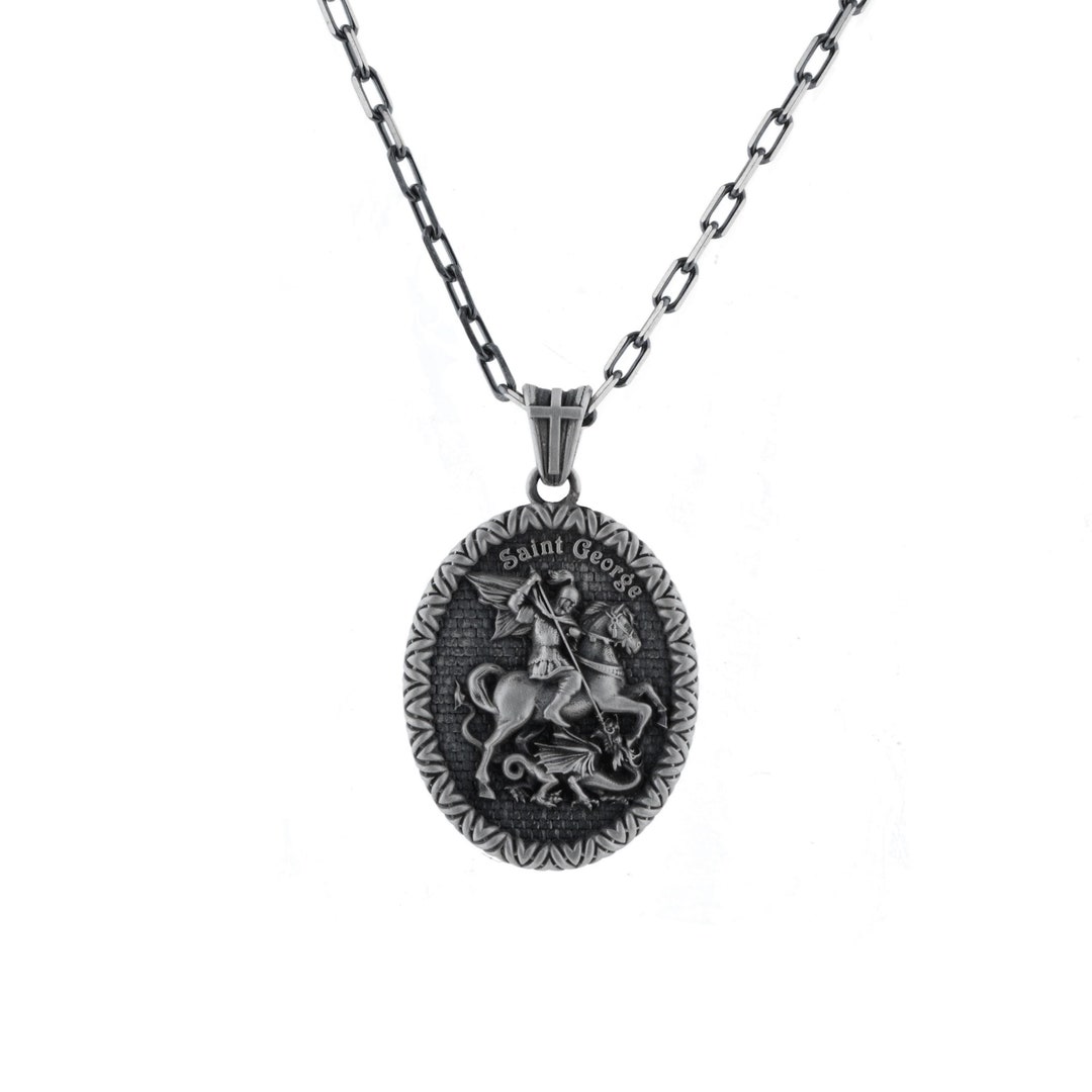 Silver Saint George Men's Necklace, Saint George and Dragon Pendant ...