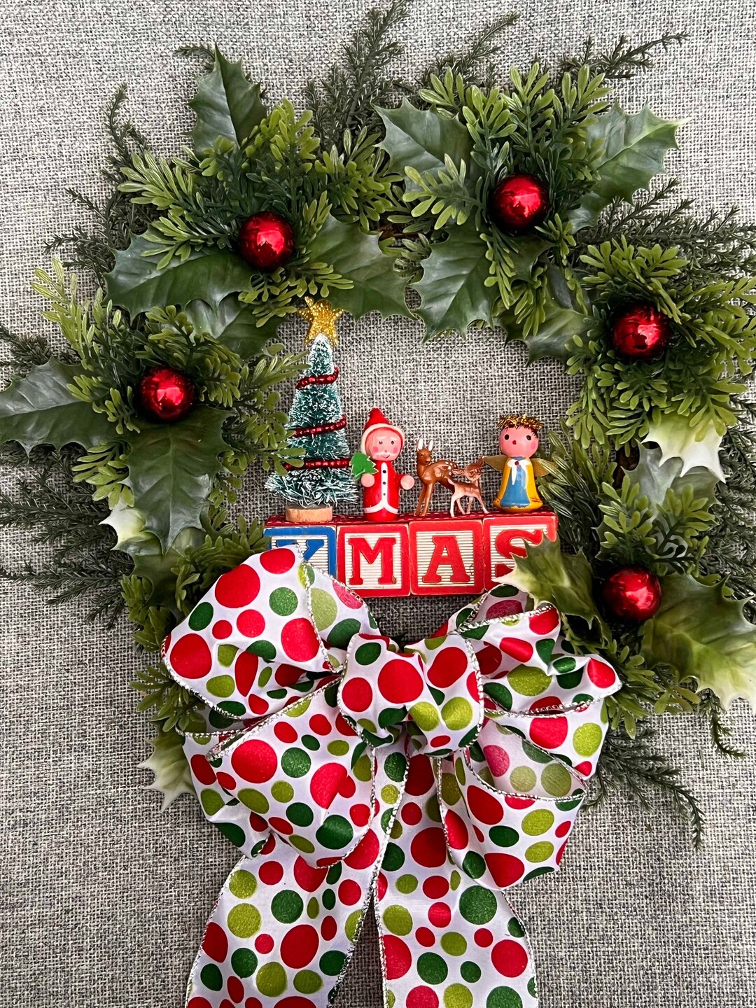 Vintage Xmas Wreath: Child Blocks, Bottle Brush Tree, Angel & Deer - Etsy