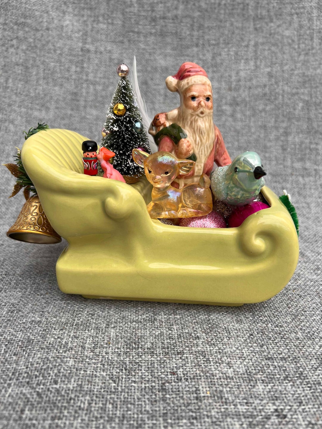 Xmas Assemblage Sleigh Vintage Ceramic Santa, Feather Glass Bird ...