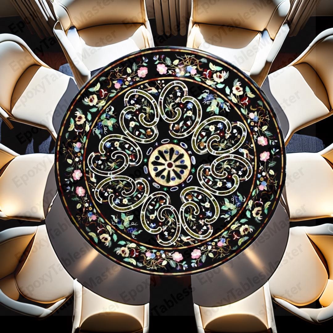 Black Marble Inlay Round Table Top – Multicolor Gemstone Pietra Dura ...