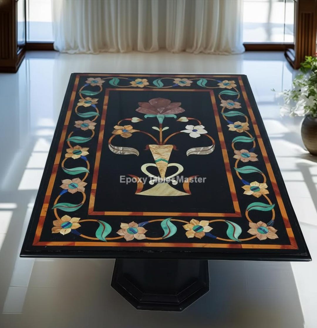 Black Marble Inlay Dining Table | Pietra Dura Floral Art, Mughal Design ...