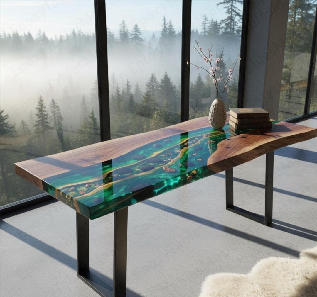 Handmade Teal Emerald Epoxy Resin Desk | Live Edge Walnut Dining Table ...