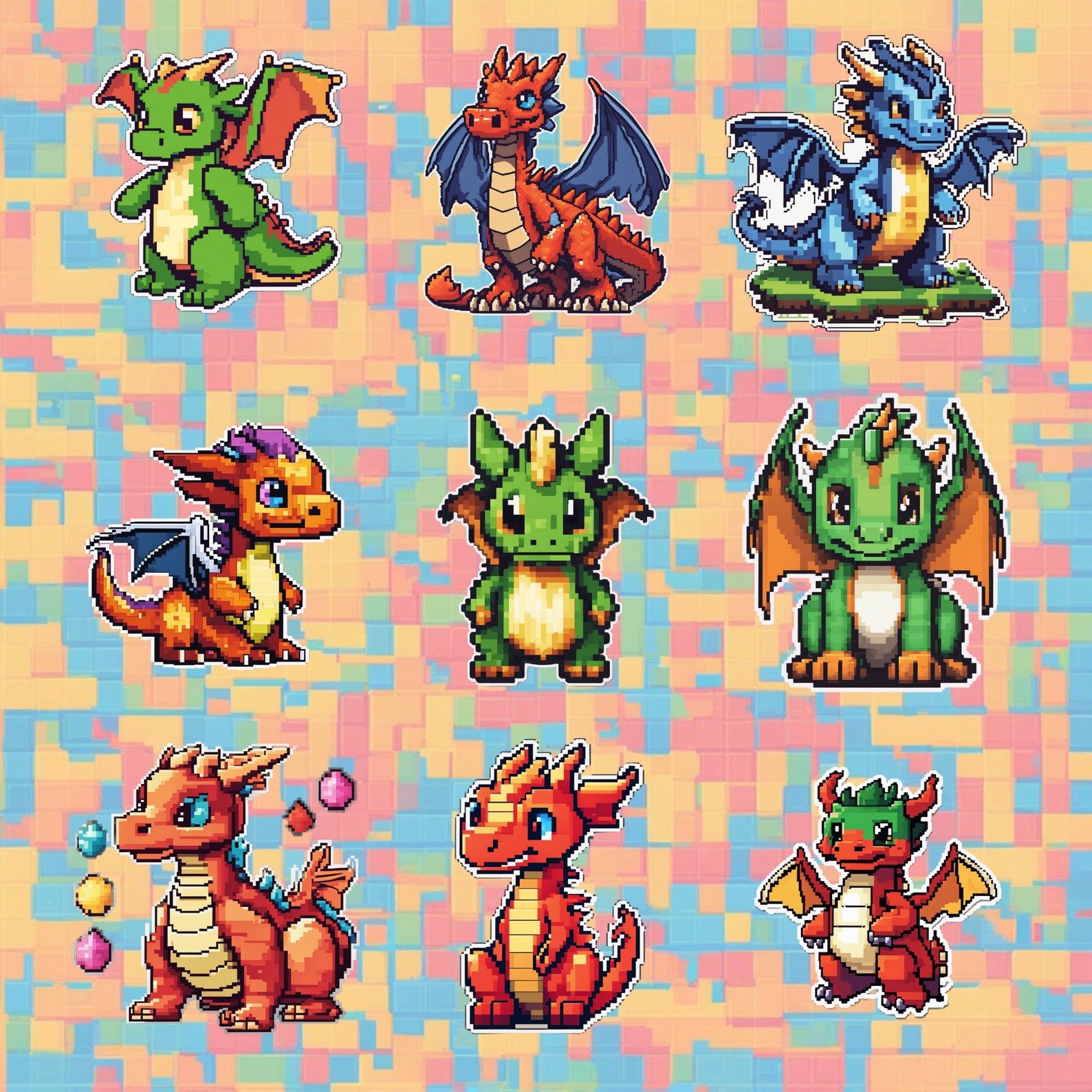 Pixel Dragon Kingdom , 40 Digital Pixel Art Dragon PNG Files/stickers ...