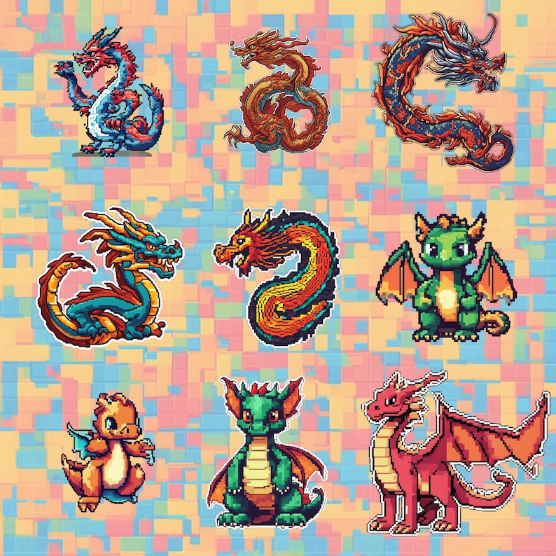 Pixel Dragon Kingdom , 40 Digital Pixel Art Dragon PNG Files/stickers ...