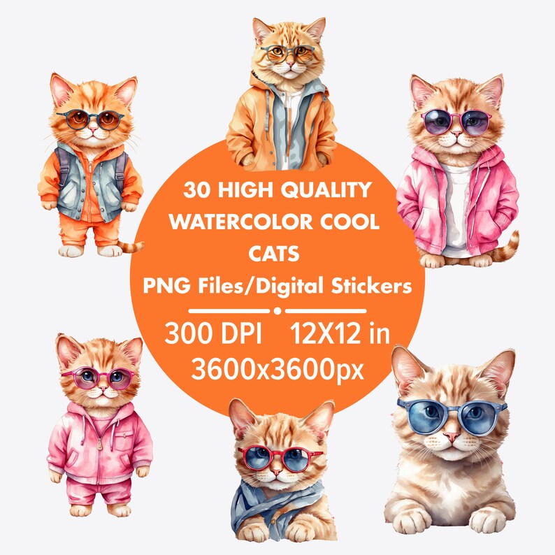 Watercolor Cool Cats Digital PNG Pack, Png Files, Png Designs, Digital ...