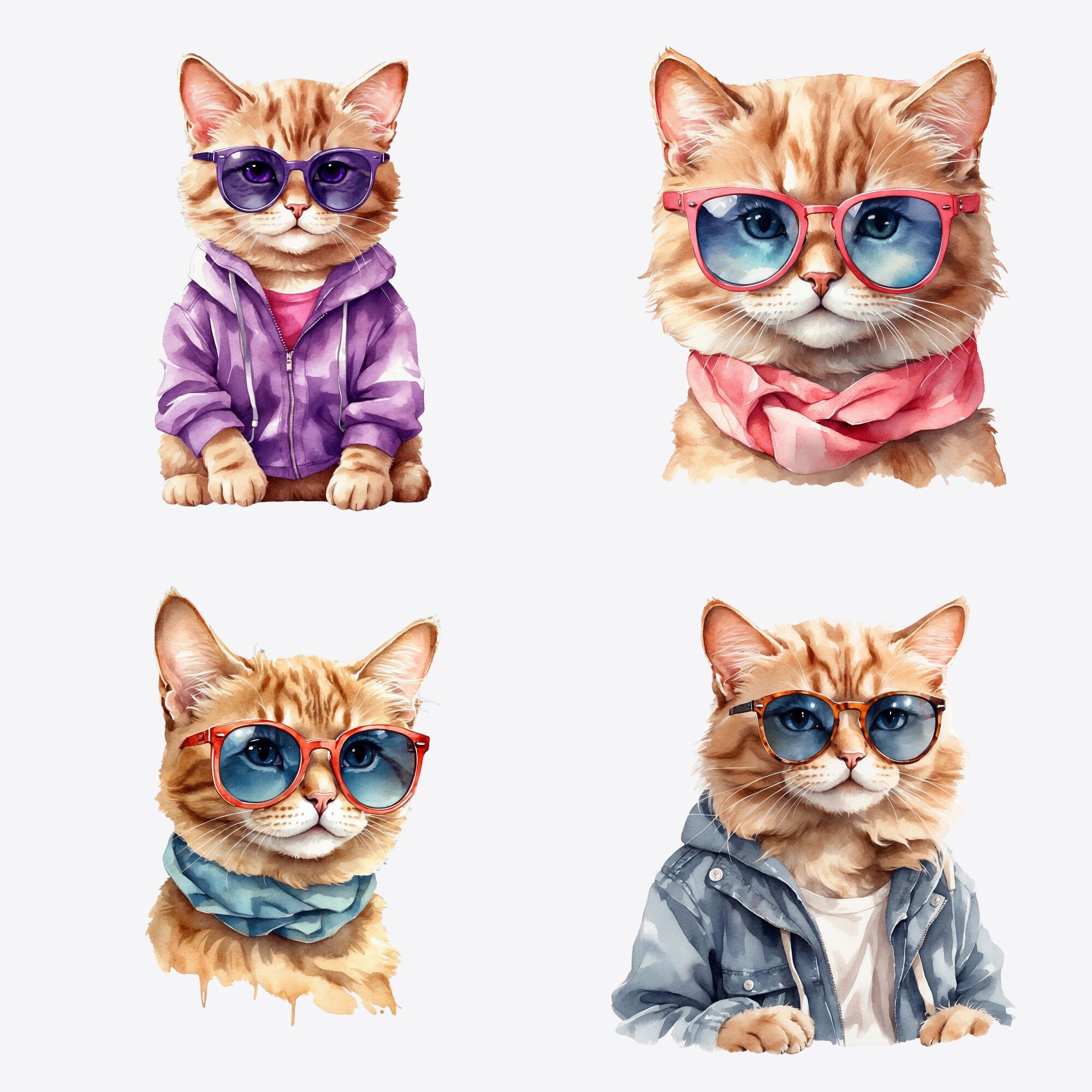 Watercolor Cool Cats Digital PNG Pack, Png Files, Png Designs, Digital ...