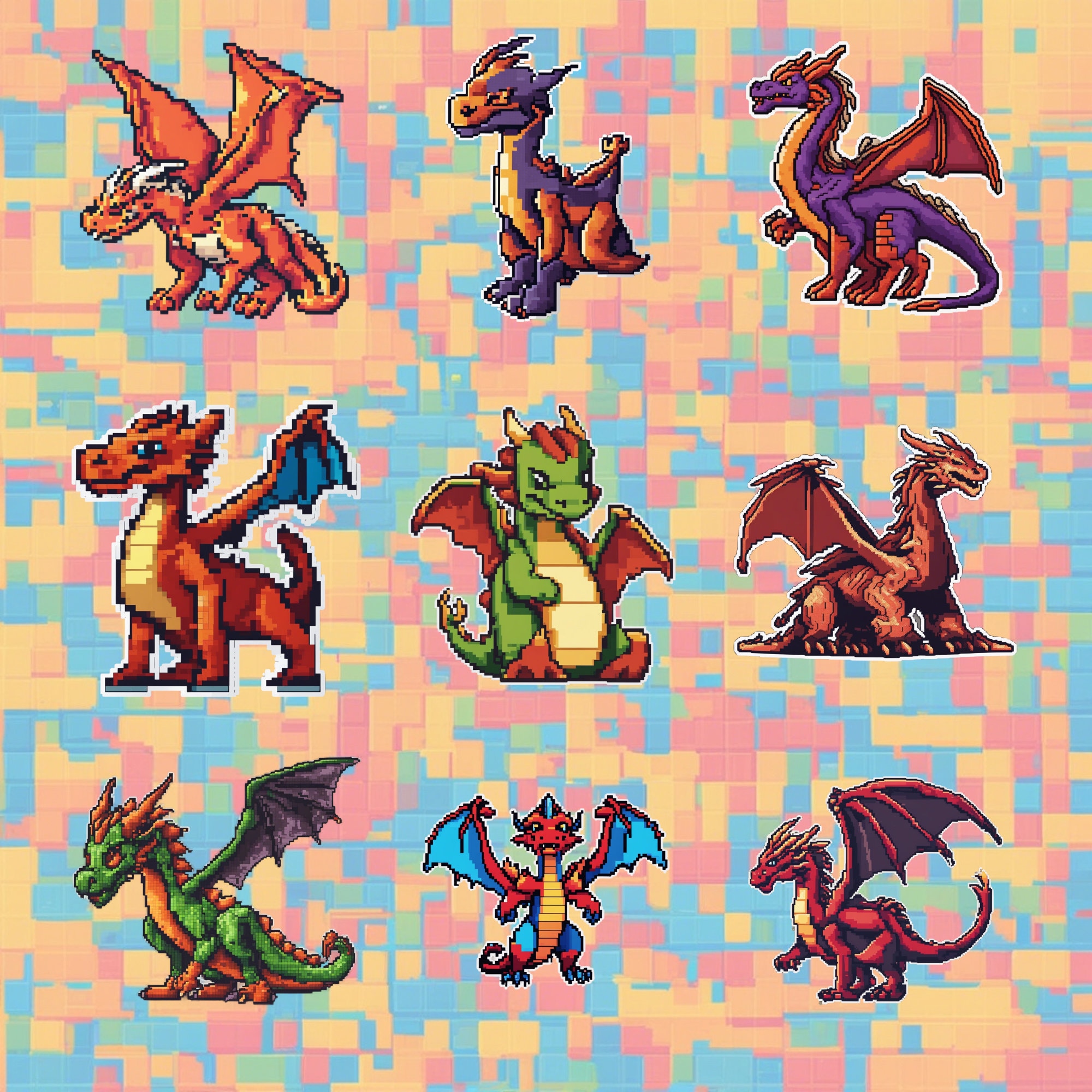 Pixel Dragon Kingdom , 40 Digital Pixel Art Dragon PNG Files/stickers ...