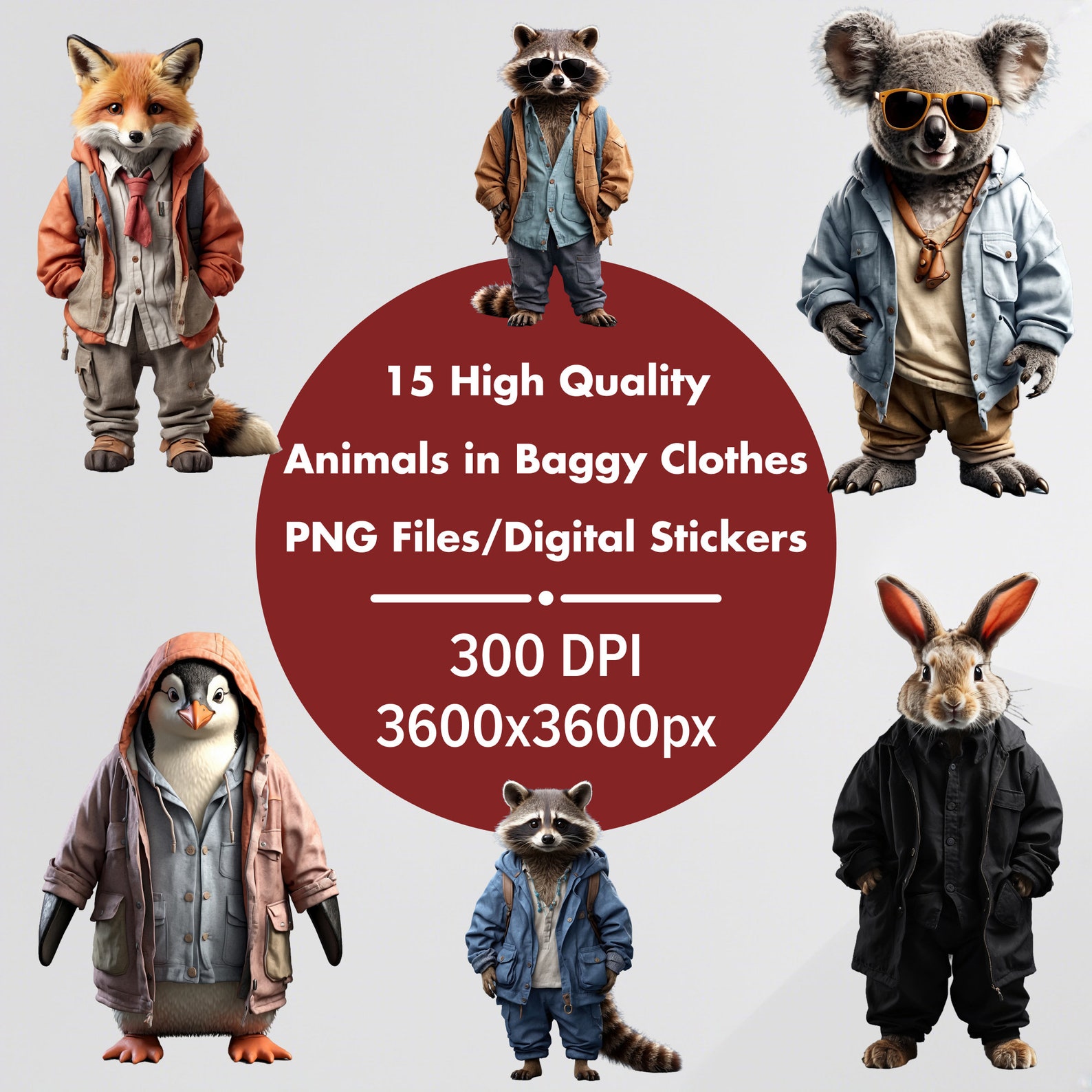 Baggy Clothes Animal Friends Digital PNG Pack, Png Files Stickers, Png ...