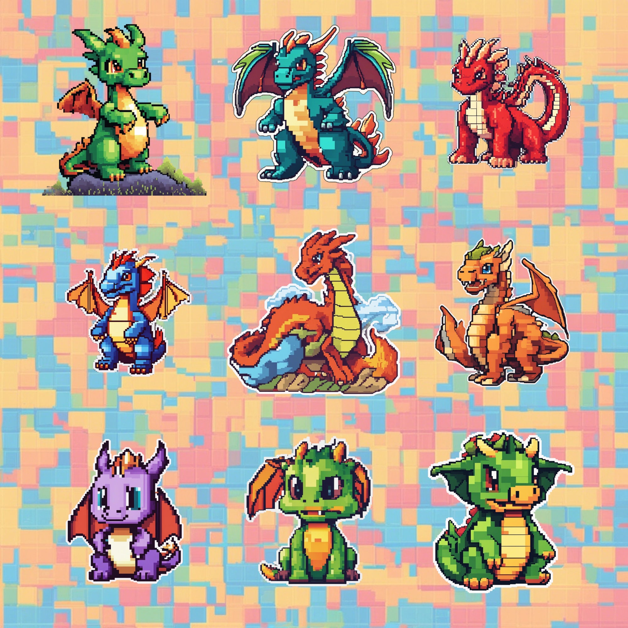 Pixel Dragon Kingdom , 40 Digital Pixel Art Dragon PNG Files/stickers ...