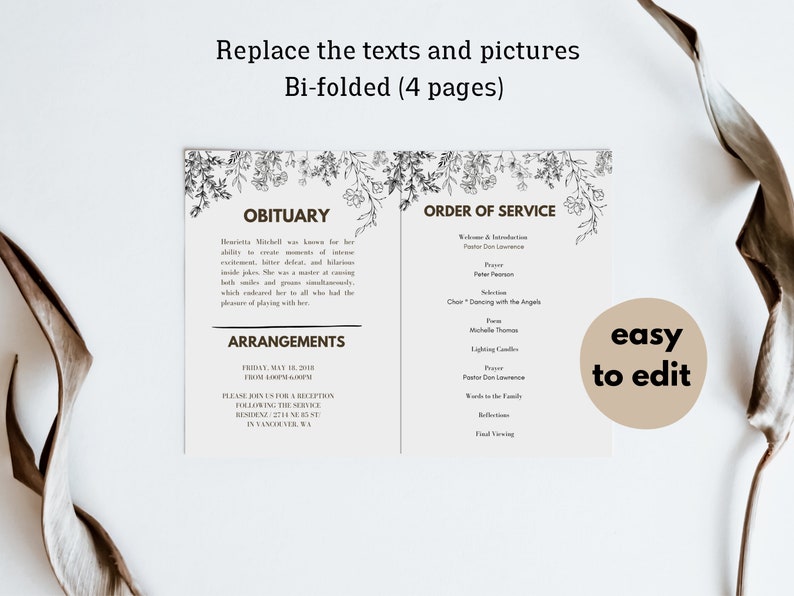 Editable Funeral Program Template Canva Memorial Service Invitation ...
