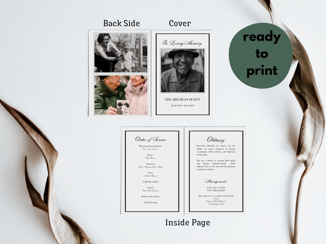 Classical Funeral Program Template, Printable Funeral Program Bi-fold ...