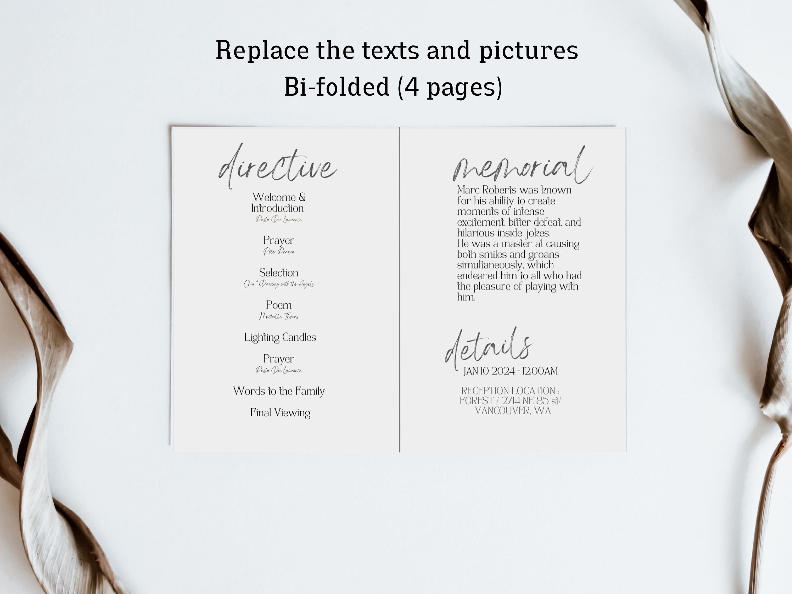 FUNERAL PROGRAM TEMPLATE, Memorial Service, in Loving Memory - Etsy