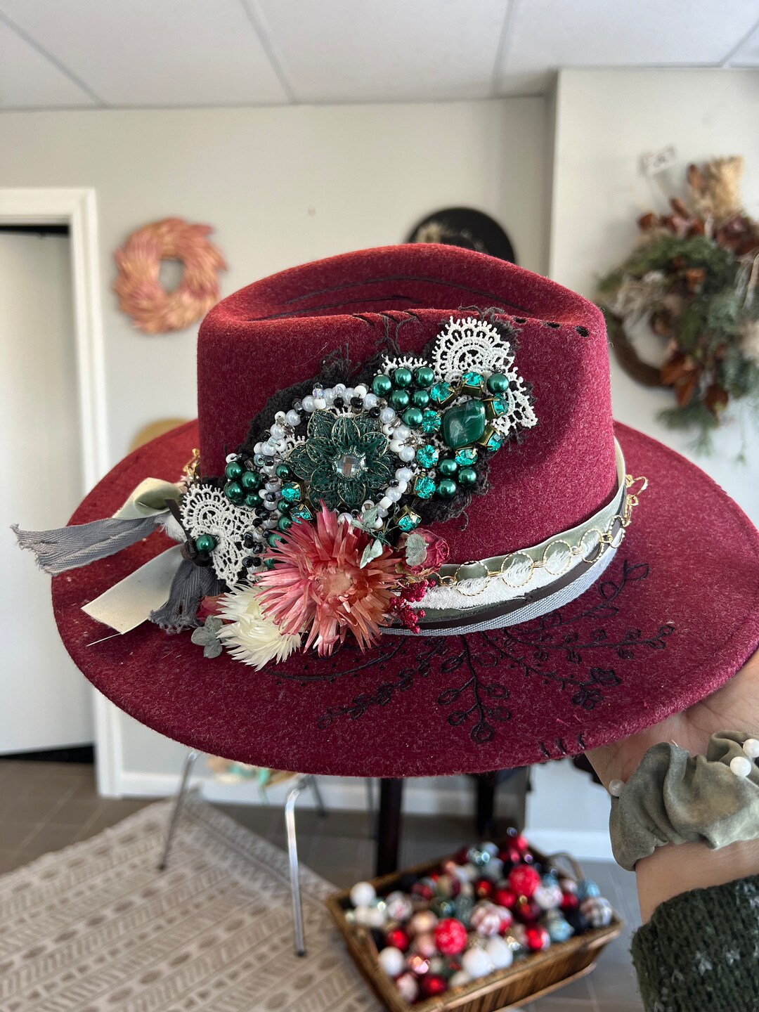 Coralie — Custom Boho Style Burned Floral Fedora - Etsy