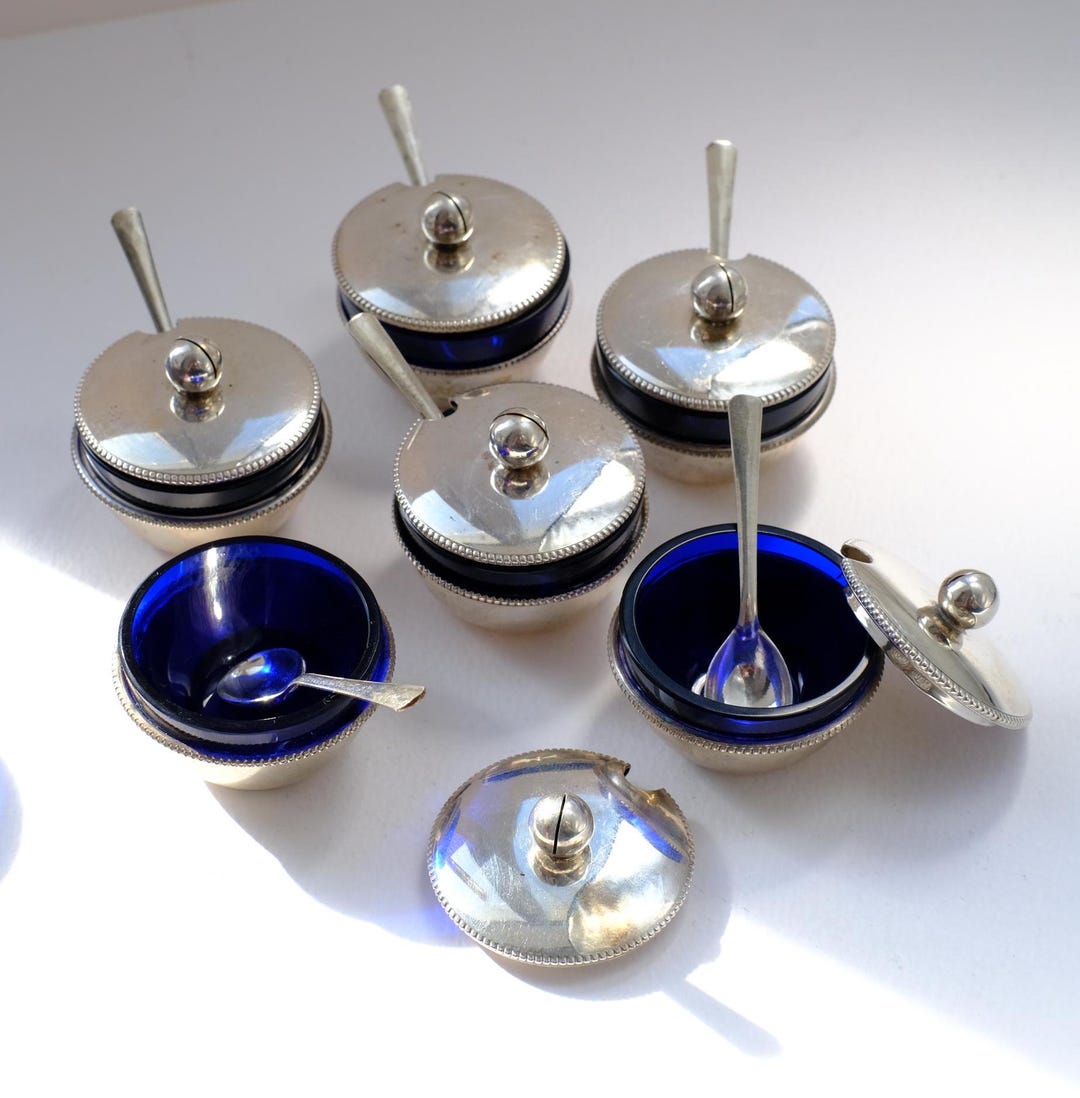 Vintage Sterling Silver Caviar Bowls: Cobalt Blue Glass, Miniature ...