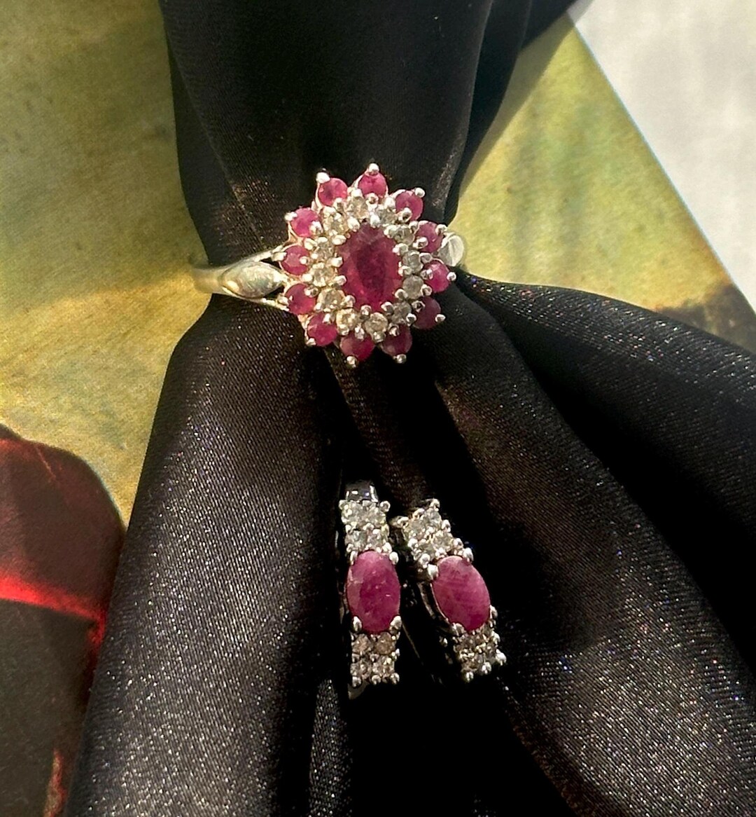 Vintage Sterling Silver Ruby Jewelry Set: Ring Size 8.5, Earrings - Etsy